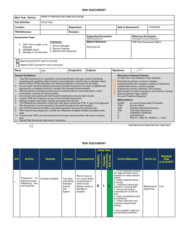 RISK Assement AGE - Maintenance of SOD Sapin Uae-18-8-2023 | PDF | Risk ...
