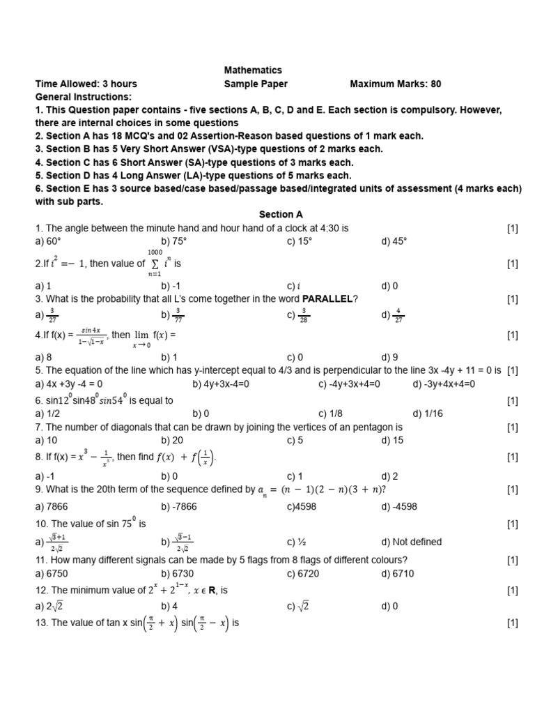 Sample paper XI Maths (2) | PDF