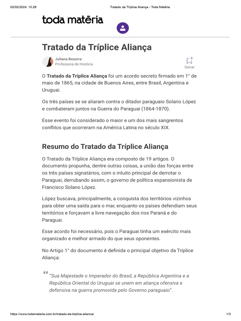 Tratado Da Tríplice Aliança - Toda Matéria | PDF