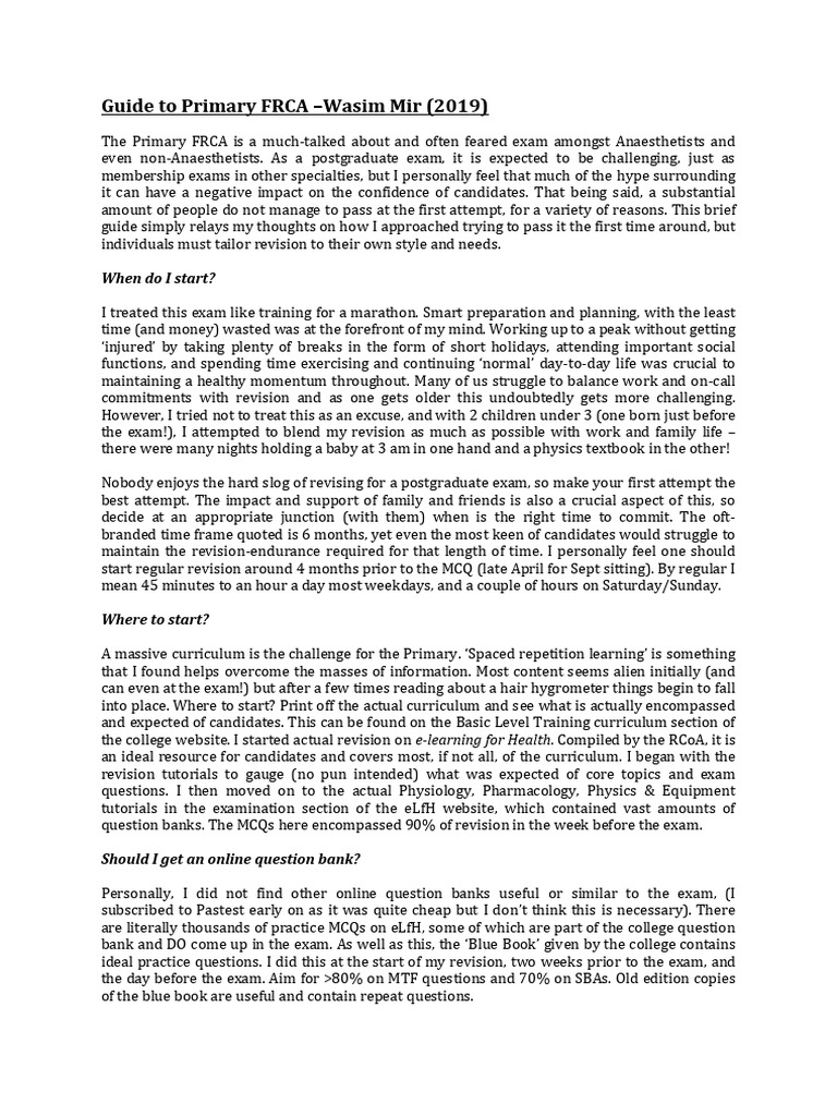 Primary-FRCA-Guide-2019-Wasim-Mir | PDF