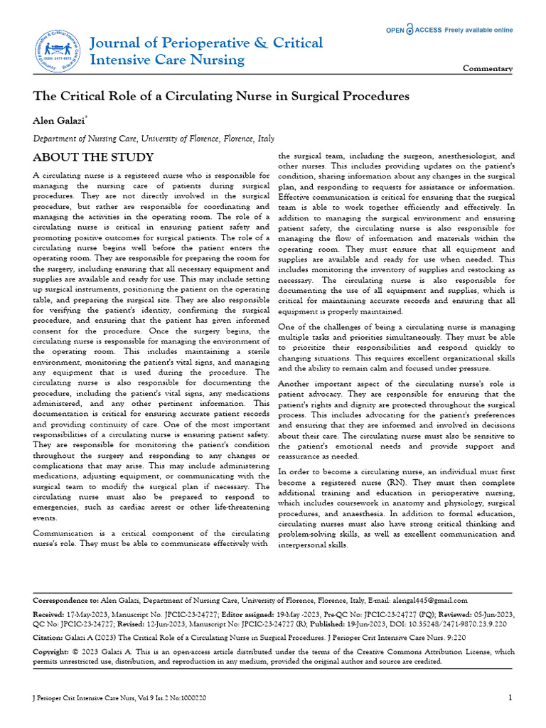 The Critical Role of A Circulating Nurse in Surgical Procedures | PDF ...