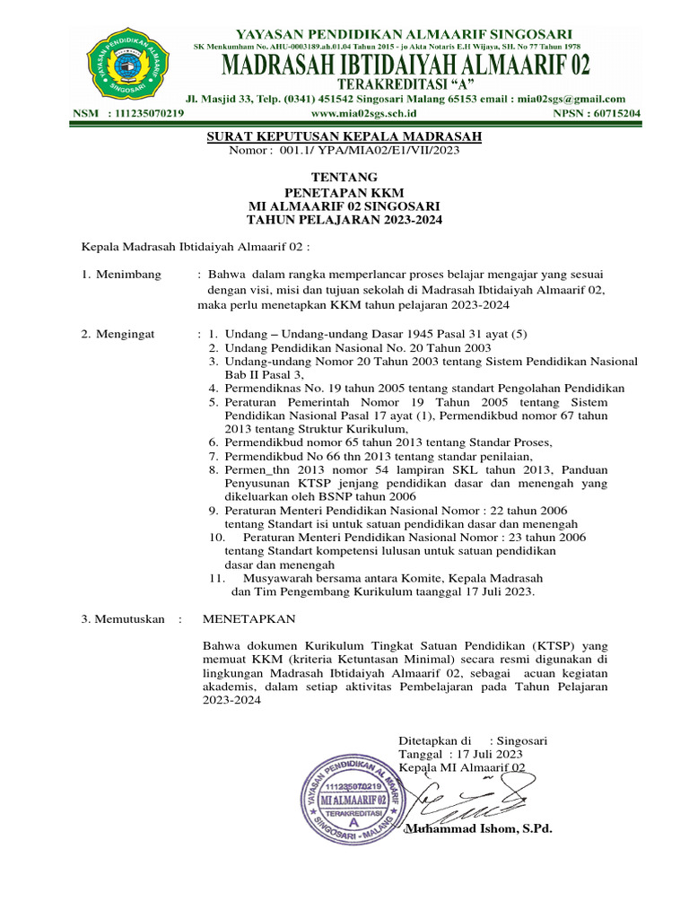 SK - Penetapan KKM | PDF