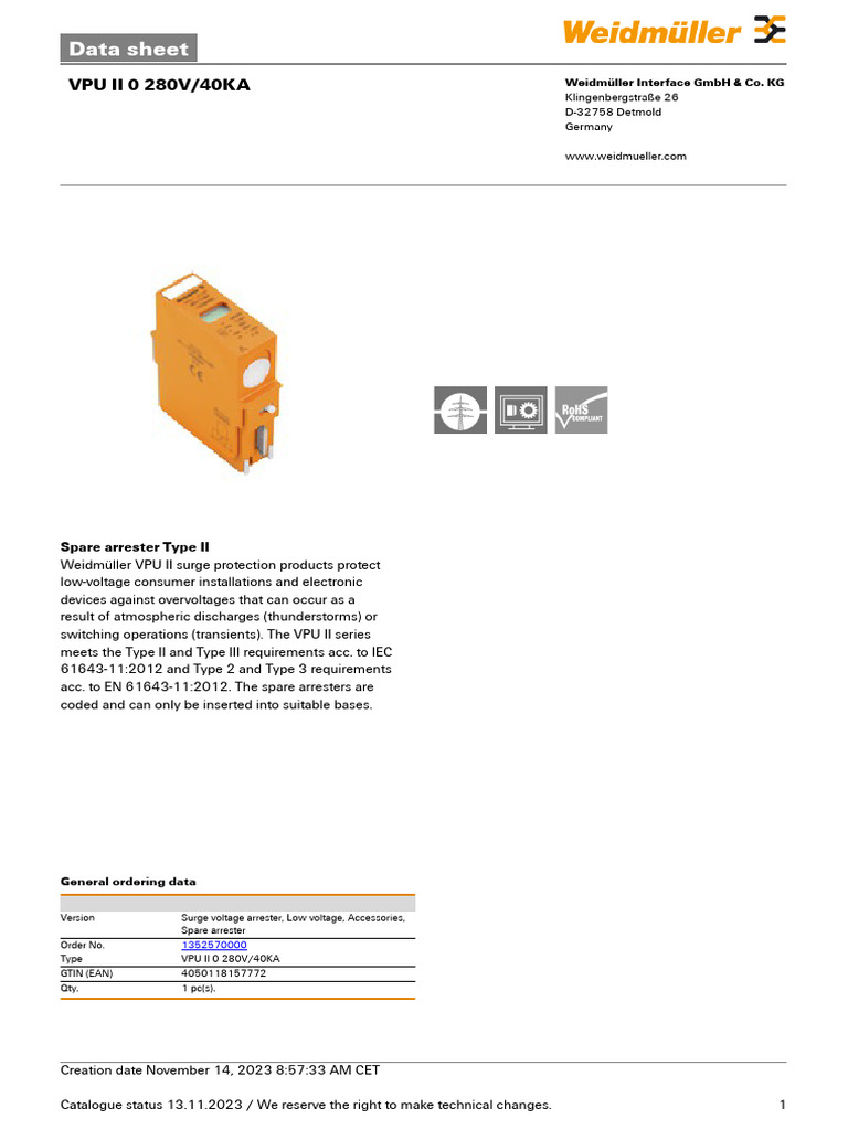 Weidmüller VPU II Surge Arrester Data Sheet | PDF | Fuse (Electrical ...