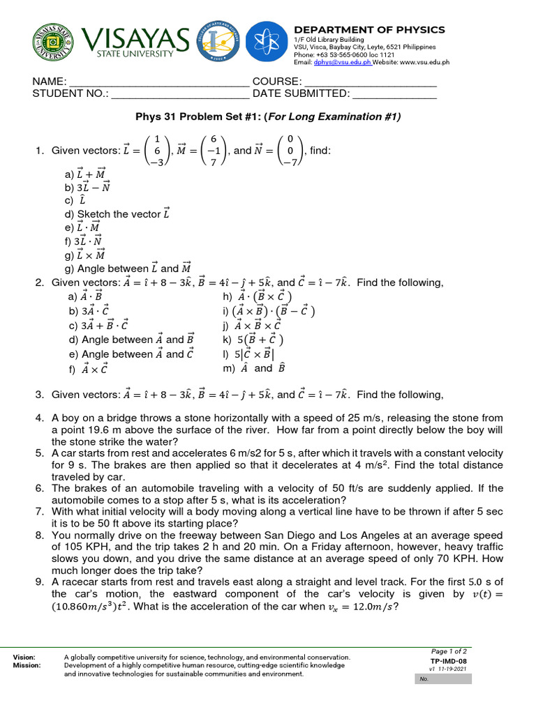 Problem Set 1 | PDF | Force | Acceleration