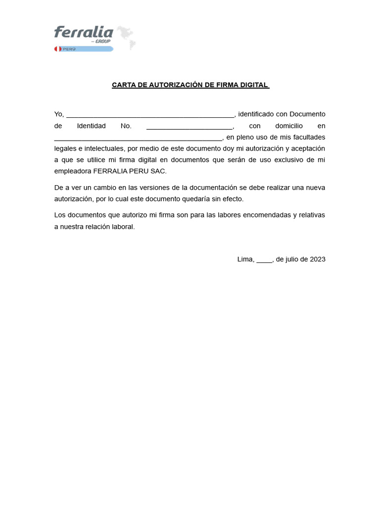 Carta de Autorización de Firma Digital | PDF