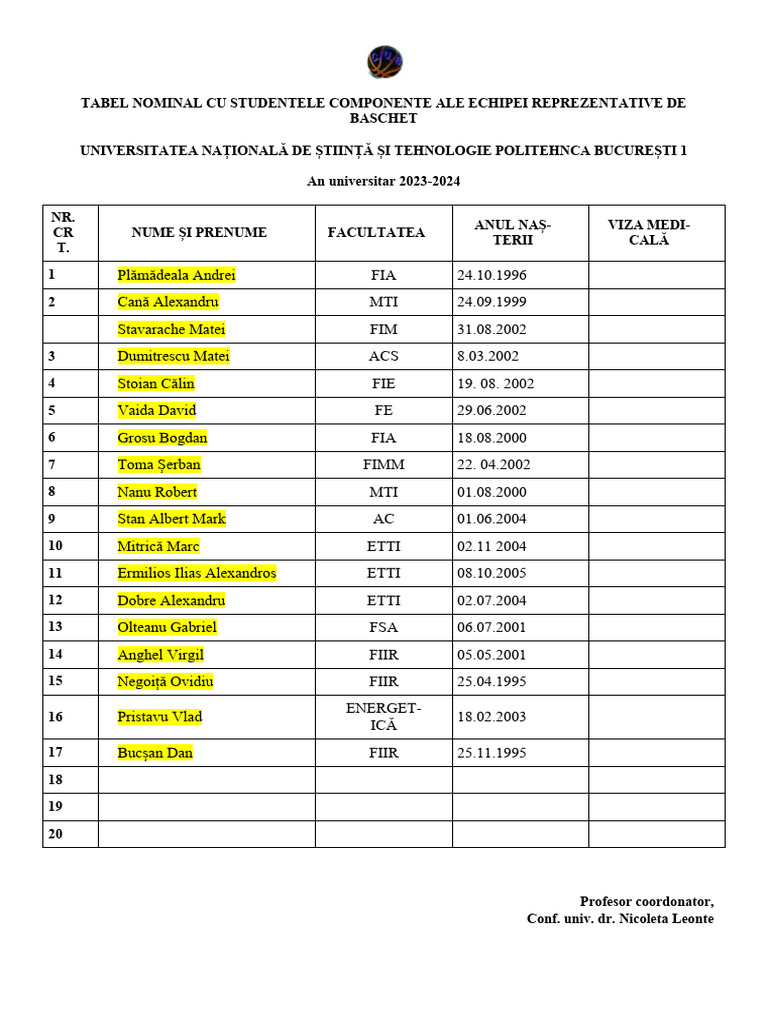 Tabel Nominal Cu Studenţii Unstpb1 2023-2024 | PDF