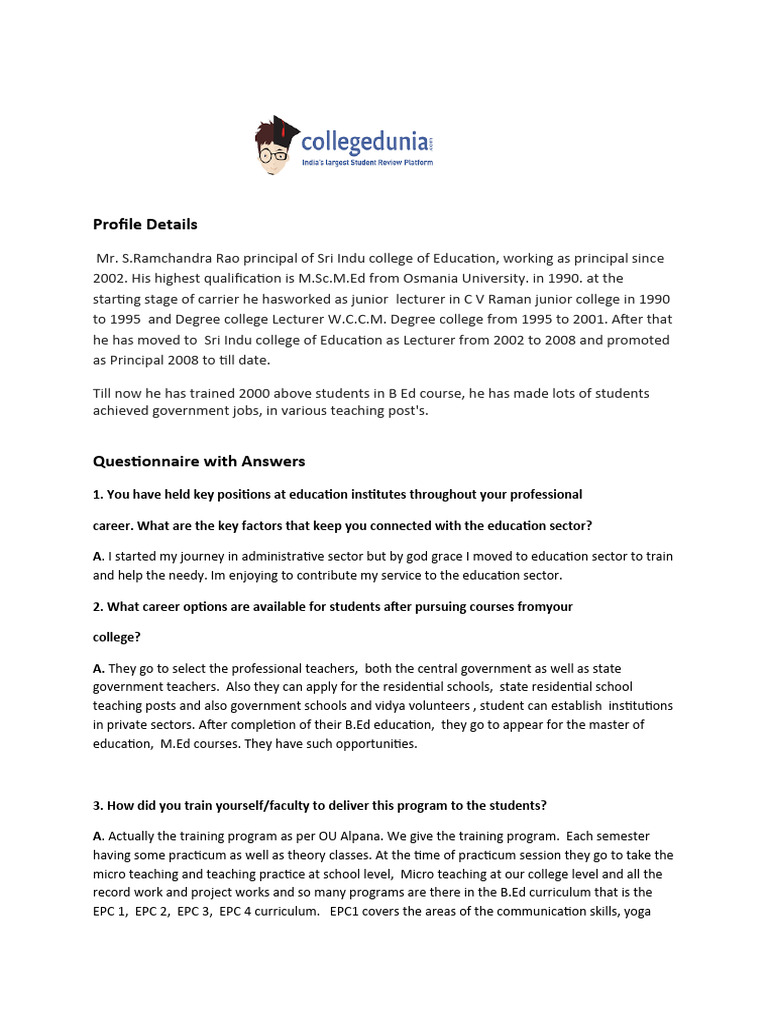 Profile and Answers of MR Ram Chandra SRi Indu | PDF