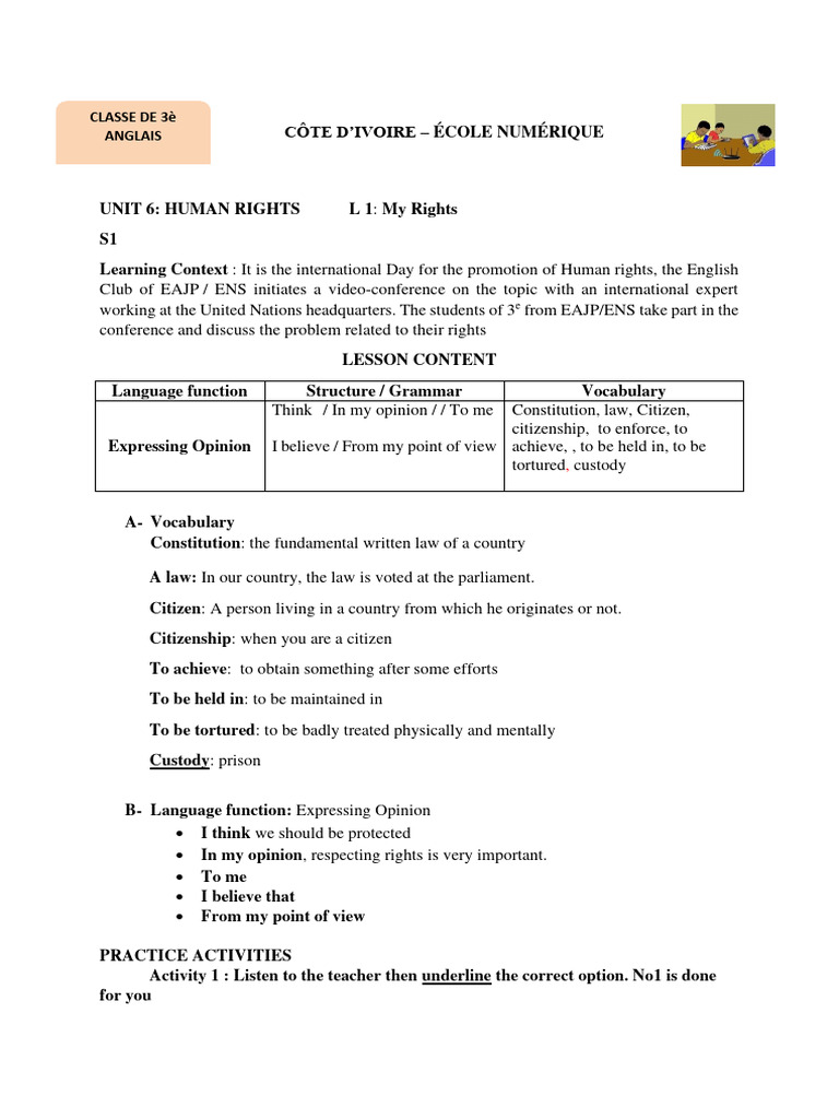 Unit 6 Lesson 1 Anglais | PDF | Citizenship | Rights