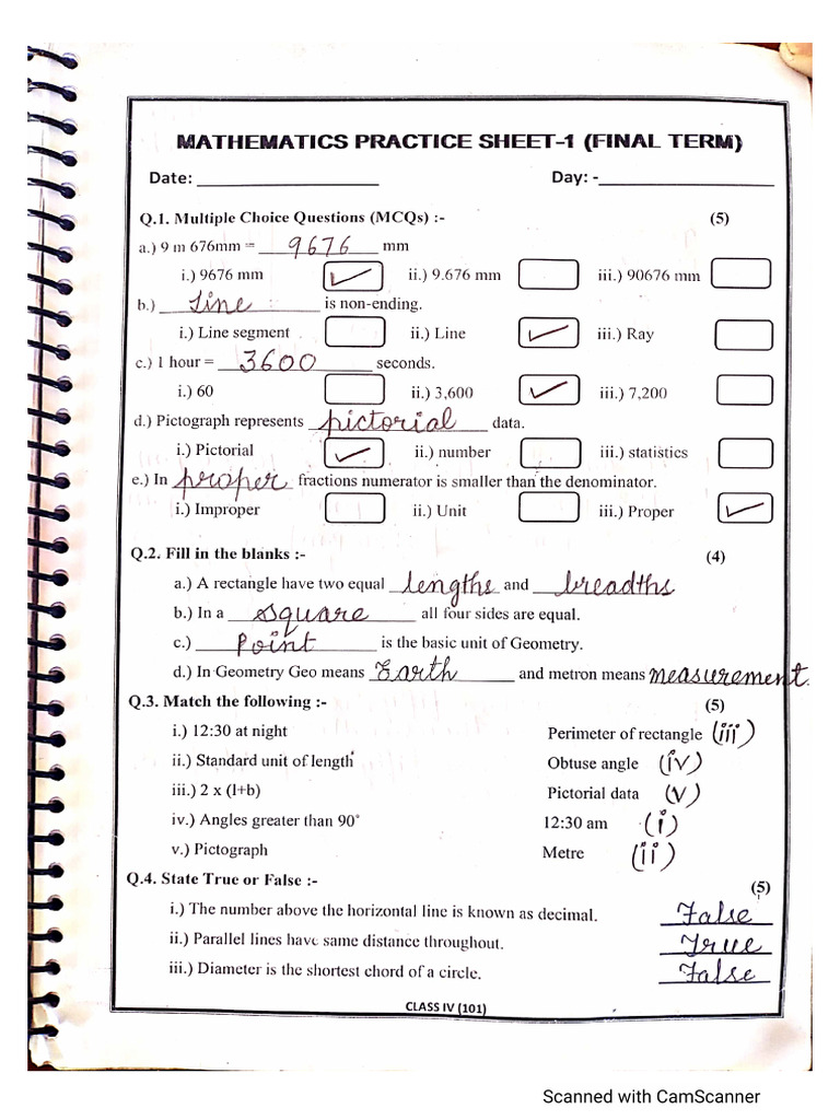 Class 4 Practice Sheet - 1 (Final Term | PDF