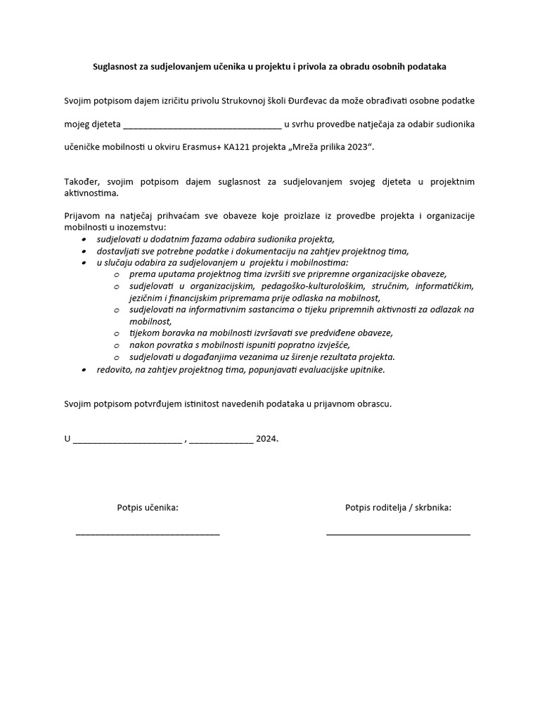 2 - Obrazac Suglasnosti Roditelja-Skrbnika I Privole Za Obradu Osobnih ...