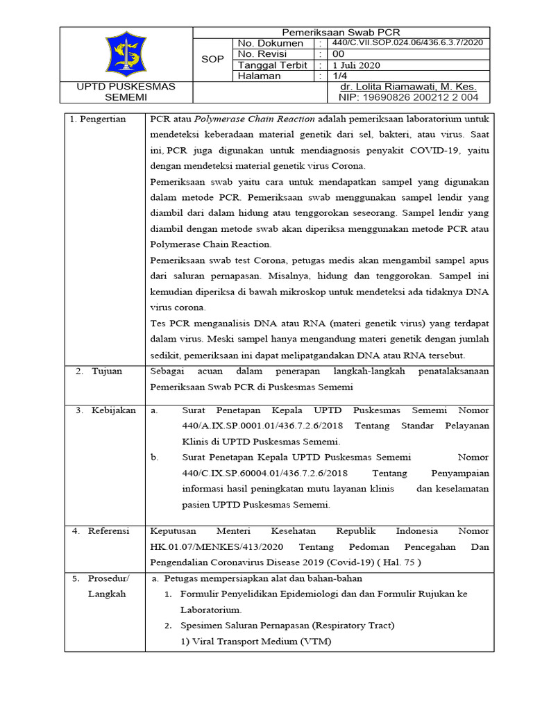 Sop Pemeriksaan Swab PCR | PDF