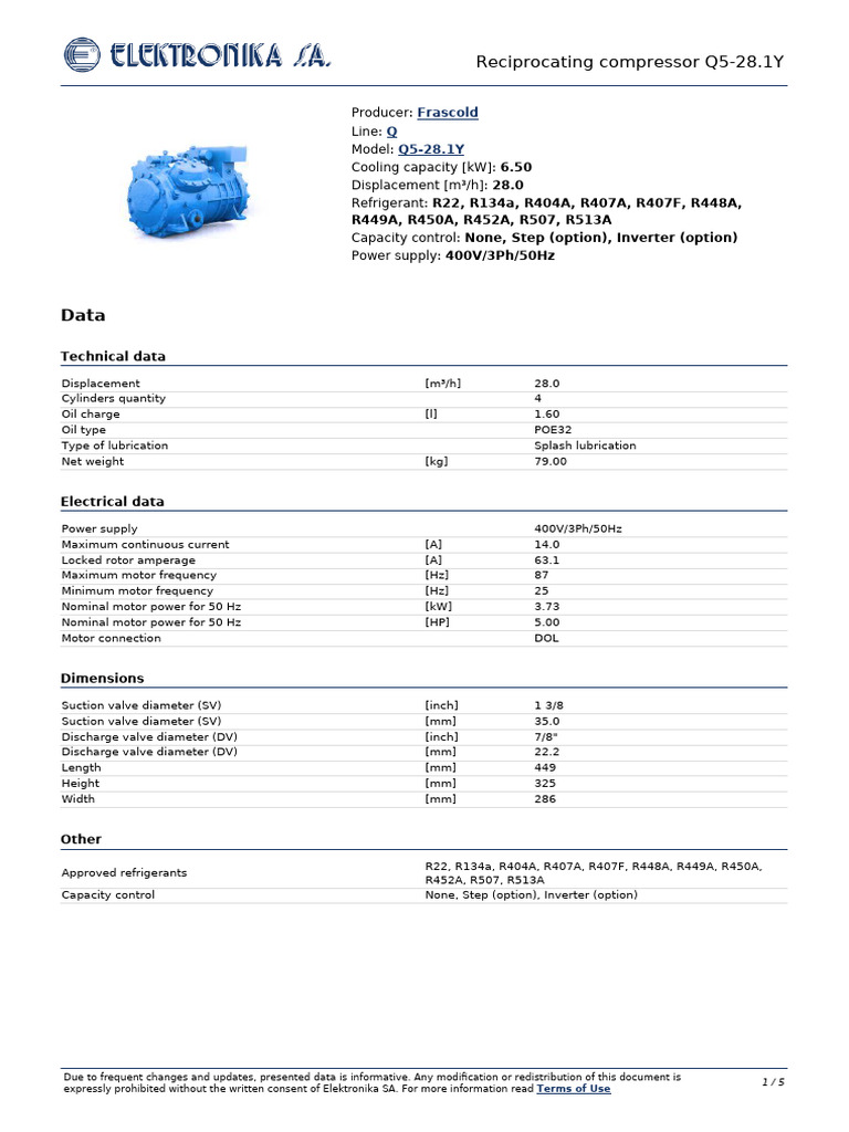 Reciprocating Compressor Q5-28.1Y: R449A, R450A, R452A, R507, R513A | PDF