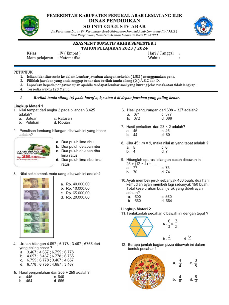 Sumatif MTK KLS 4 2023 | PDF