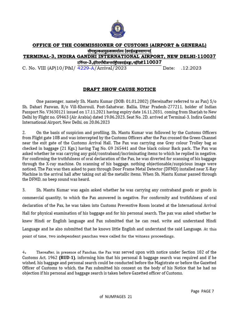 Draft SCN Mantu Kumar | PDF | Customs