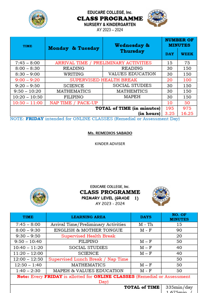 Educare College Class Schedule | PDF | School Types | Social Institutions