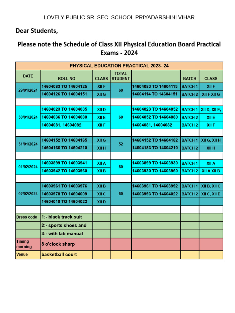Schedule of Class XII Physical Education Board Practical Exams - 2024 | Download Free PDF ...