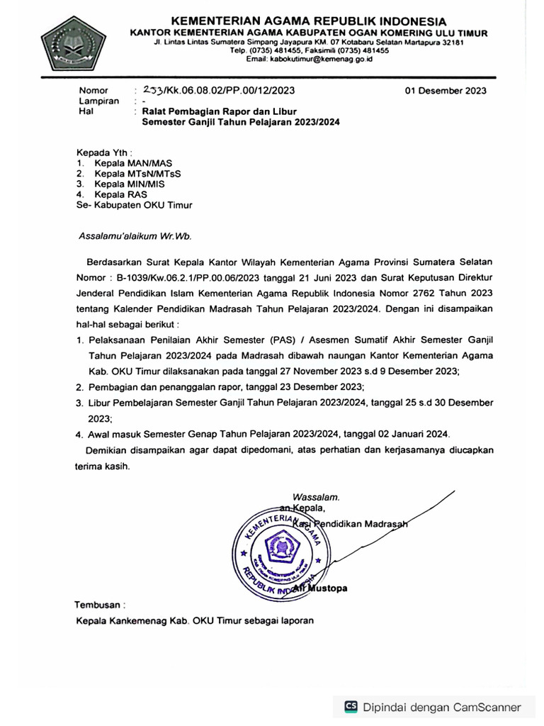 Ralat Surat Pembagian Rapor Dan Libur Semester 2023 | PDF