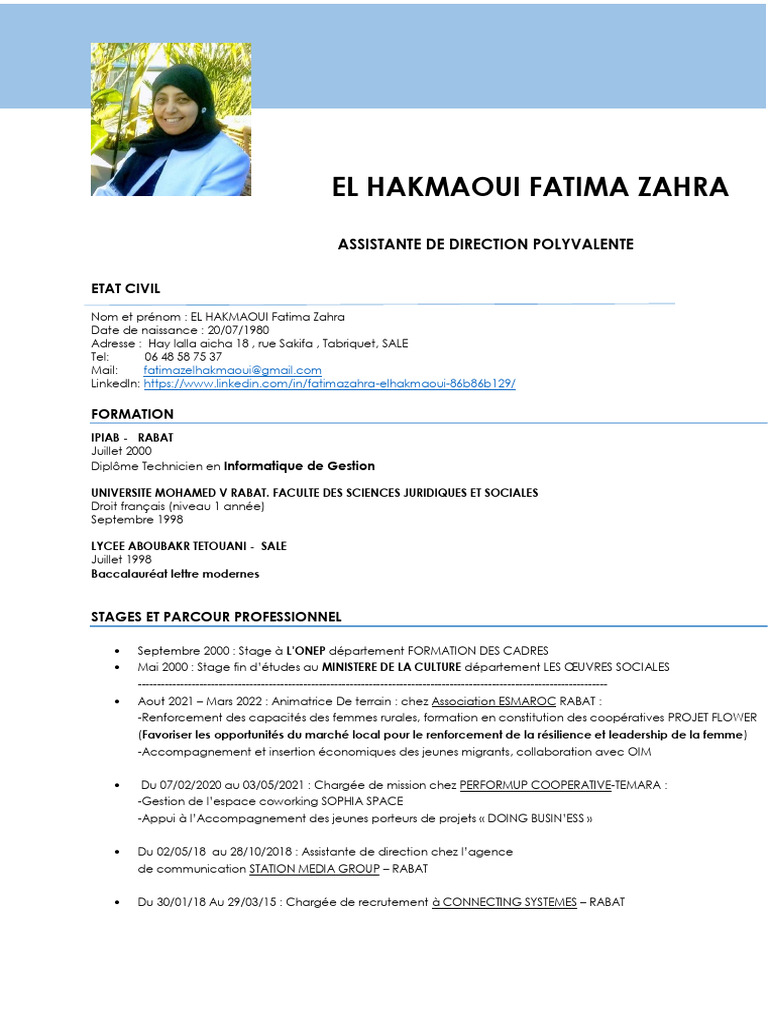 El Hakmaoui Fatima Zahra CV Assistante | PDF