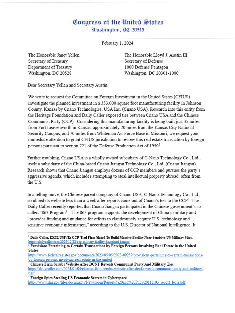 (DAILY CALLER OBTAINED) - Letter To Yellen and Austin Re Cnano Tech USA ...