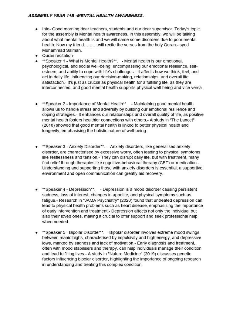 Assembly - Mental Health Awareness | PDF | Self-Improvement | Lifestyle