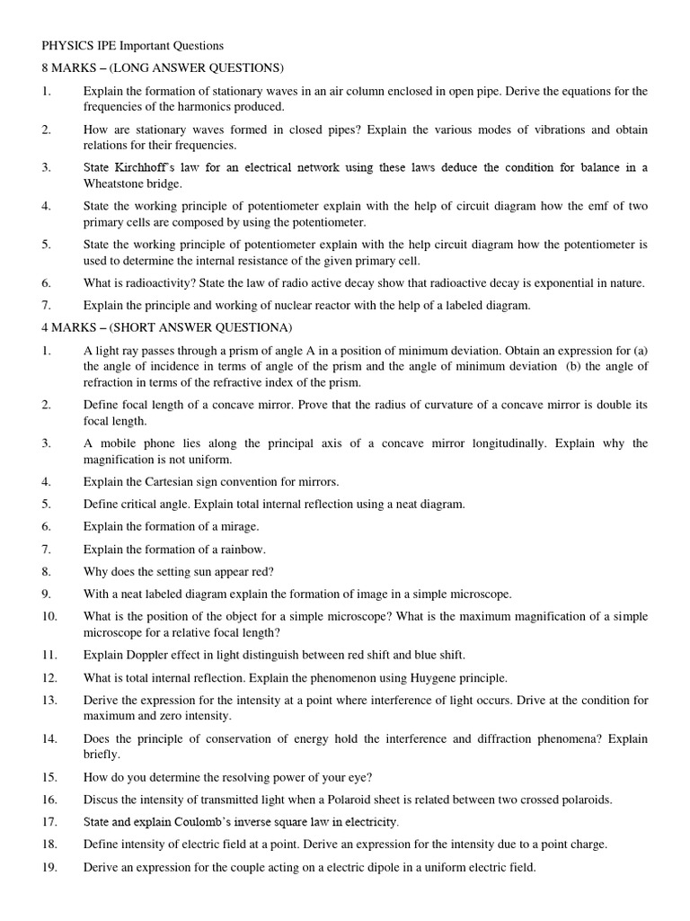 PHYSICS IPE Important Questions | PDF