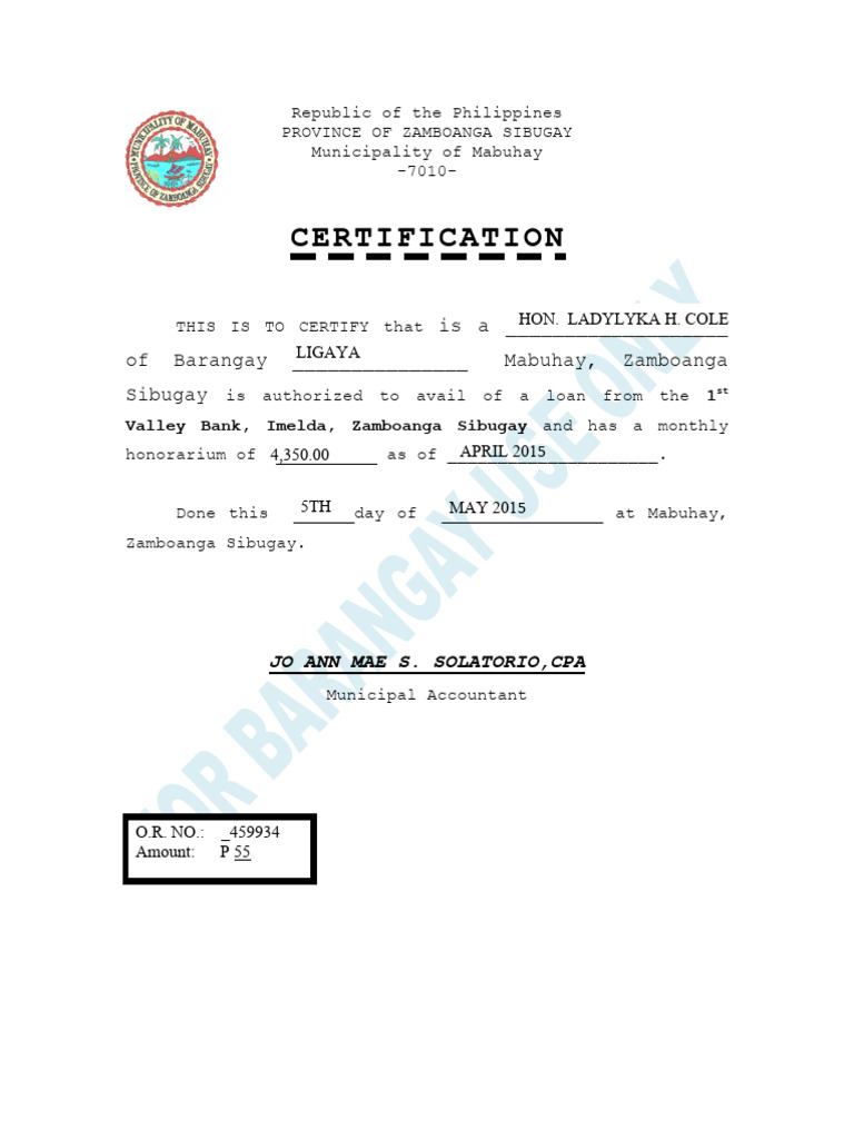 VALLEY BANK CERTIFICATION- BARANGAY | PDF