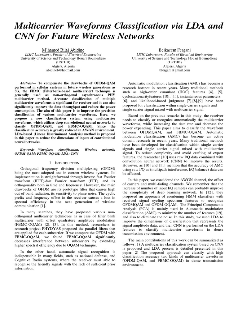 Multicarrier Waveforms Classification Via LDA and CNN For Future Wireless Networks | PDF