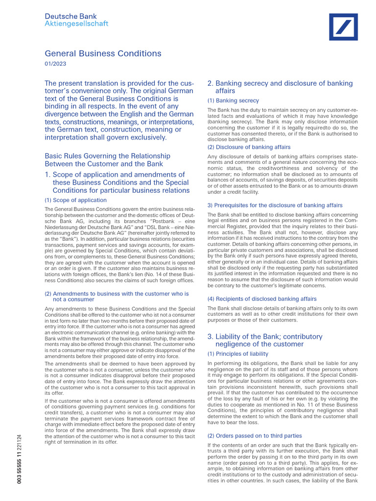 Ser General Business Conditions AG | PDF | Banks | Deposit Account