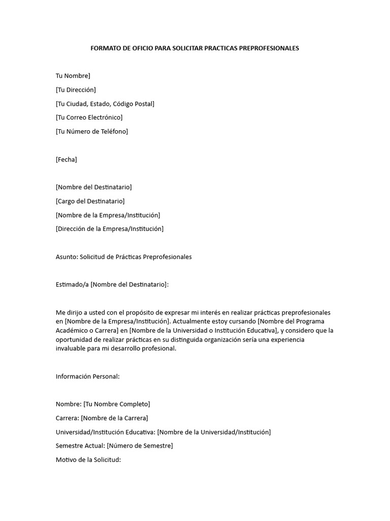 Formato de Oficio para Solicitar Practicas Preprofesionales | PDF