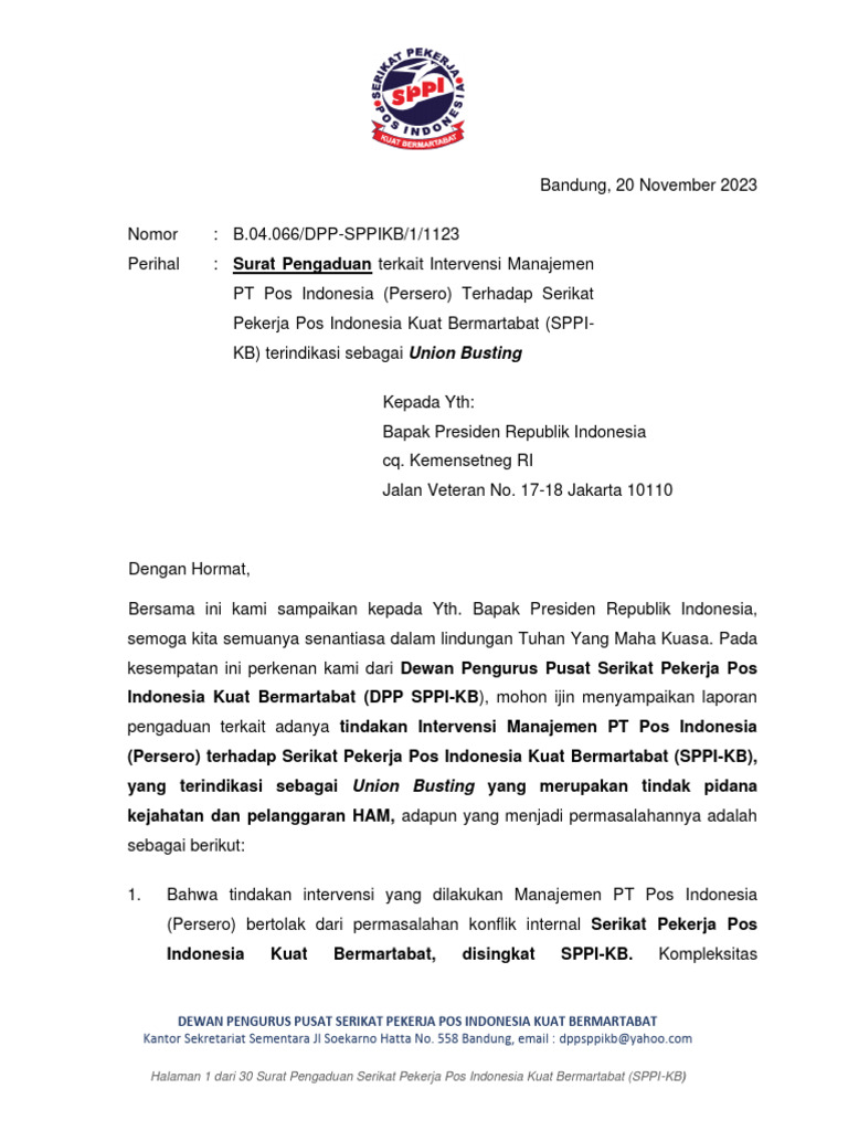66_surat Pengaduan Tindakan Intervensi Perusahaan Thd SPPIKB_3 | PDF