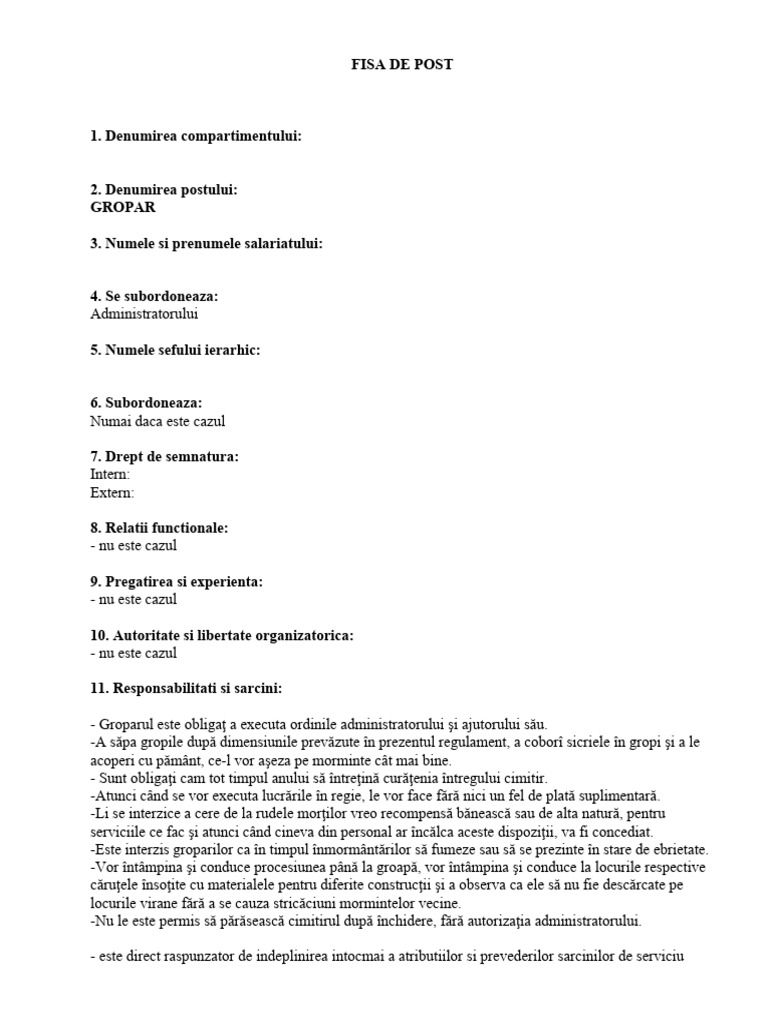 Fisa Postului Gropar | PDF