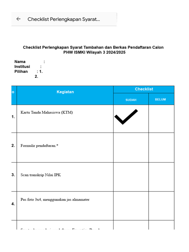 Checklist Perlengkapan Syarat Dan Berkas Pendaftaran Calon | PDF