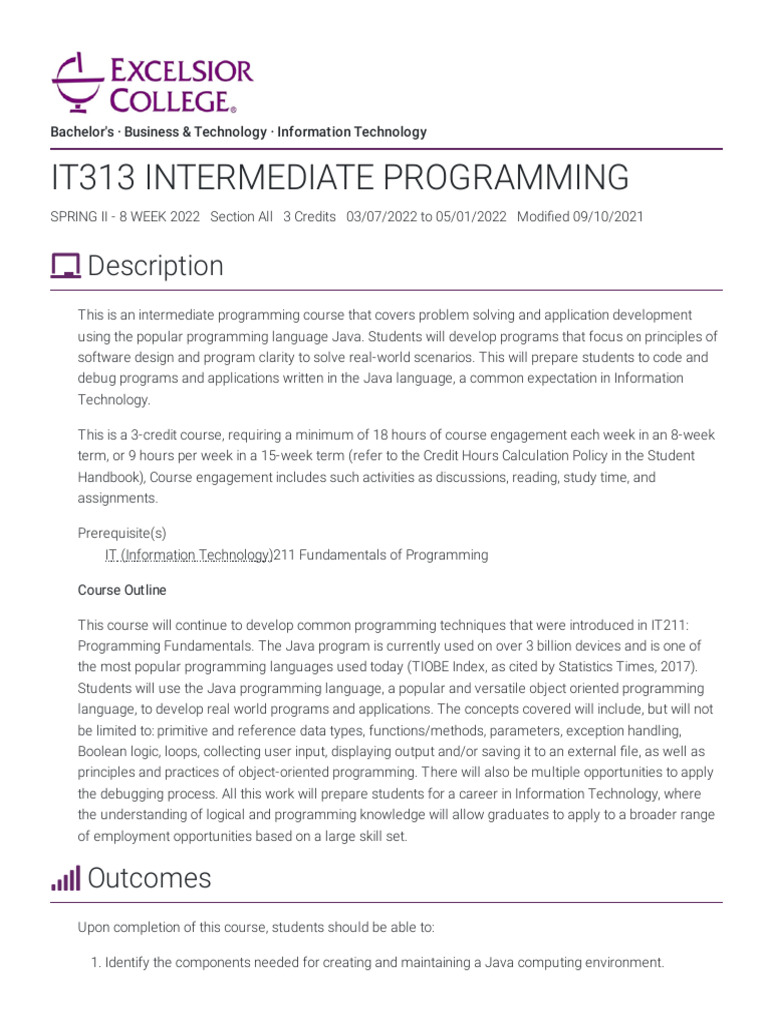 It313 Intermediate Programming Spring II 8 Week 2022 | PDF