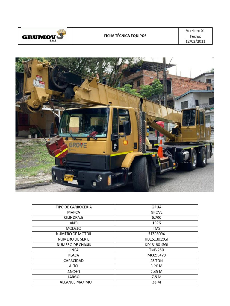 FICHA TÉCNICA GRUA GROVE TMS 250 Grumov Sas | PDF
