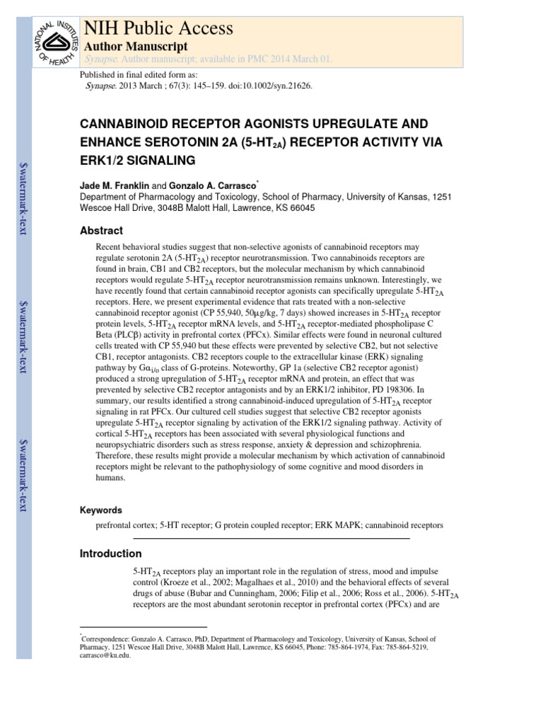 Cannabinoid Receptor Agonists Upregulate and Enhance Serotonin 5-Ht2a ...