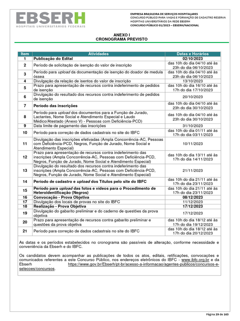 Cronograma (Concurso Ebserh) | PDF