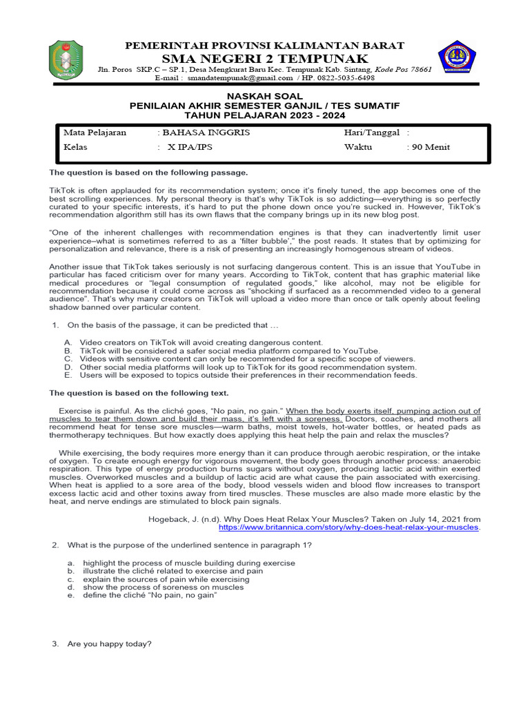 KOP PAS DAN TES SUMATIF - X | PDF | Skeletal Muscle | Cellular Respiration