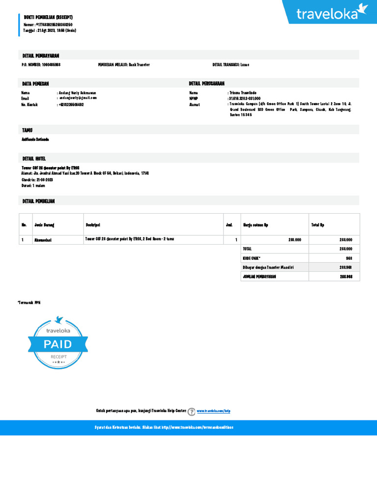 Nota Hotel Jakarta | PDF