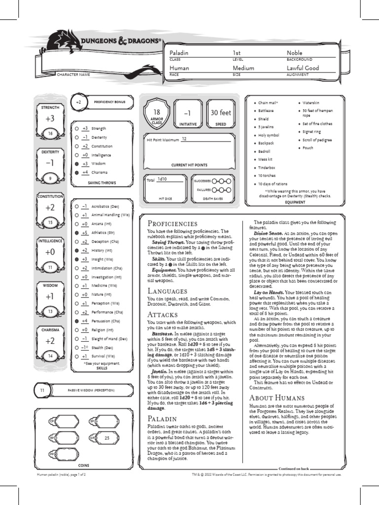 Human Paladin Character Sheet | PDF | Dungeons & Dragons | Fantasy Role ...