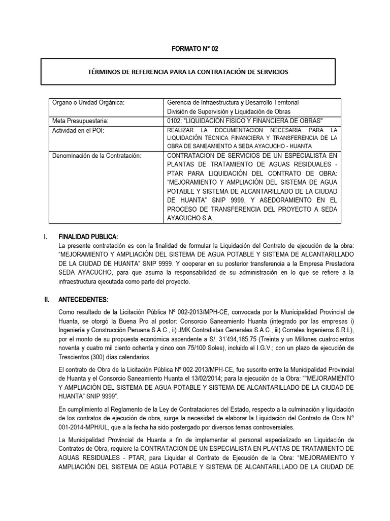TDR Locacion Especialista Agua de Tratamiento Agua Residuales - Ptar | PDF
