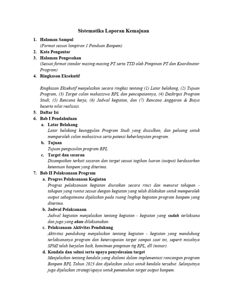 Sistematika Laporan Kemajuan-Banpem RPL Tahun 2023 | PDF