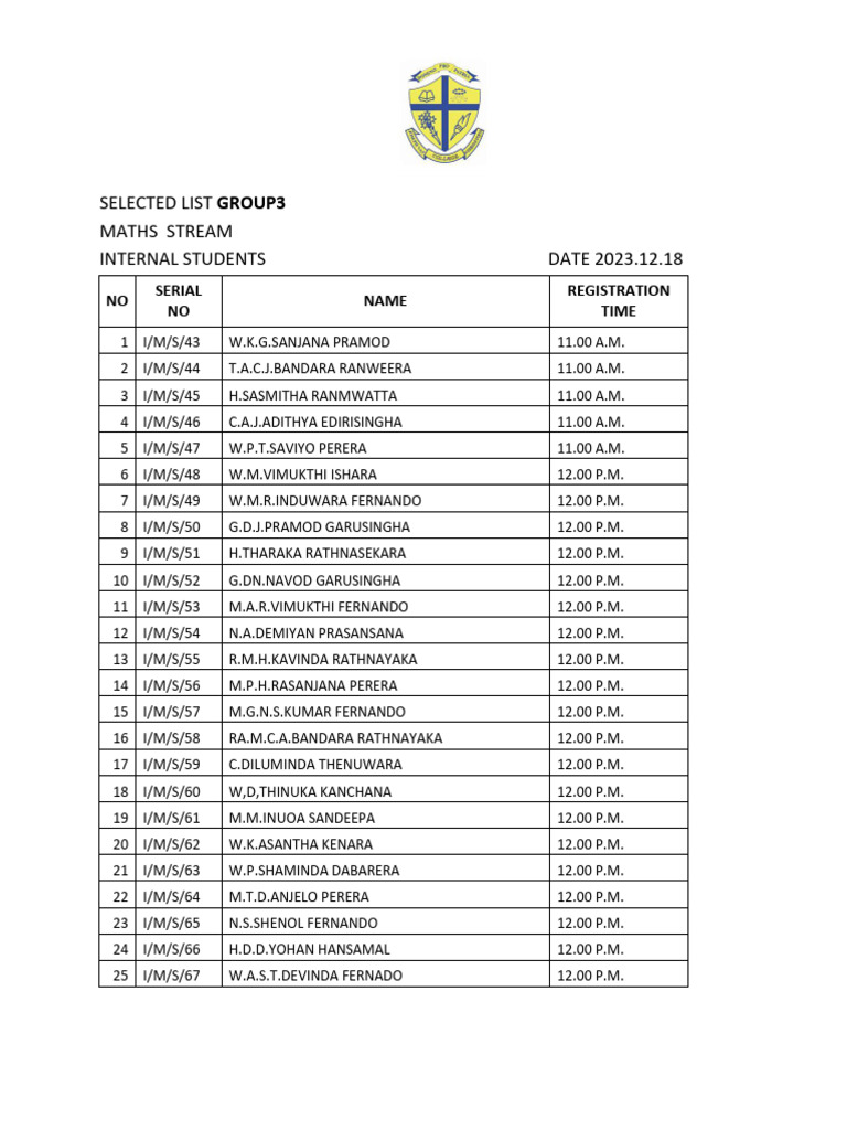 Selected List Group1 - Internal - Maths - G3 | PDF