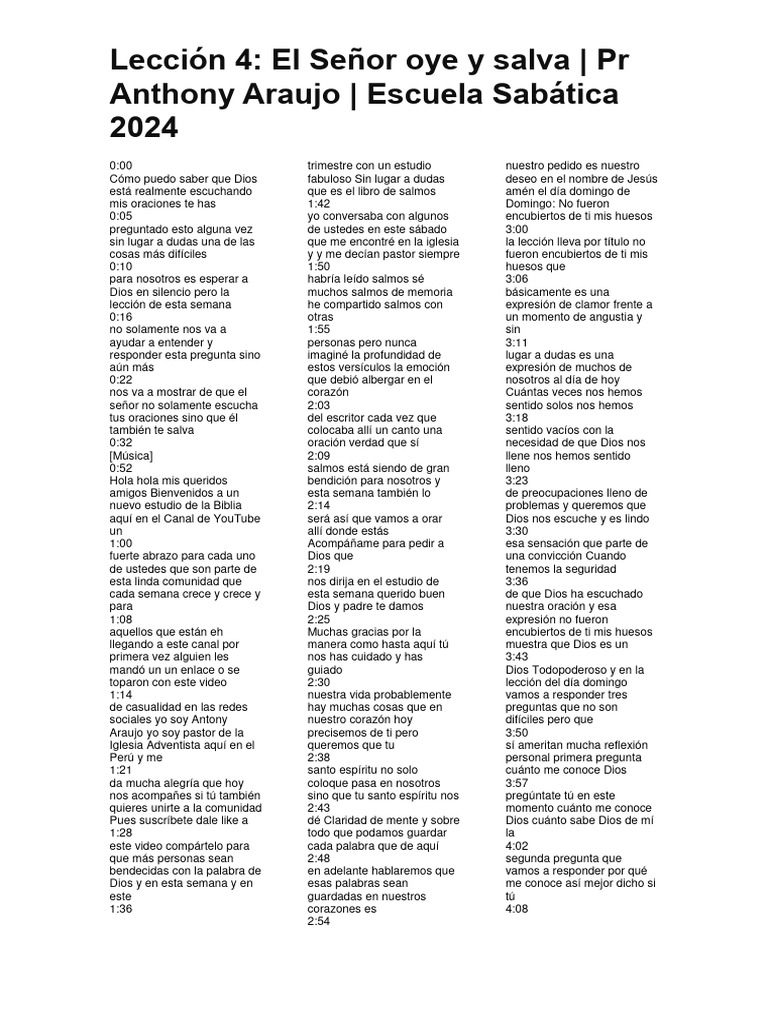 Lección 4 El Señor Oye y Salva PR Anthony Araujo Escuela Sabática 2024 | PDF | Salmos | Dios