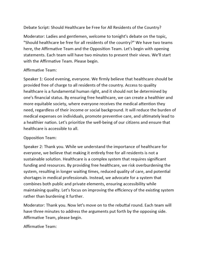 Debate Script | PDF | Health Care | Universal Health Care