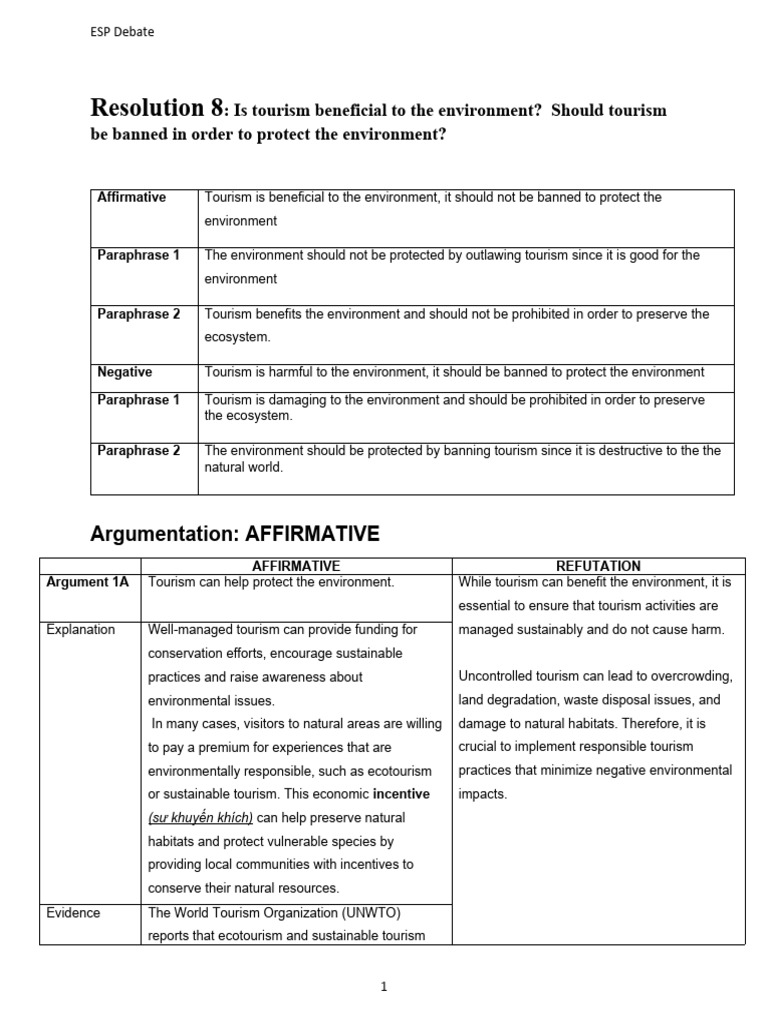 ESP Debate Topic 8 - Tourism Impacts | PDF