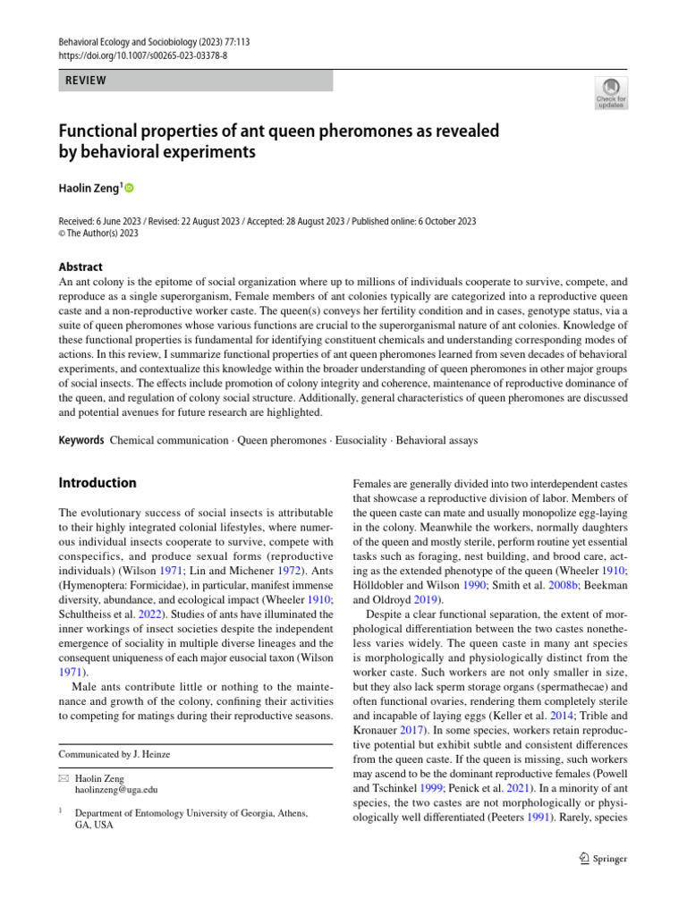 Functional Properties of Ant Queen Pheromones As Revealed by Behavioral ...