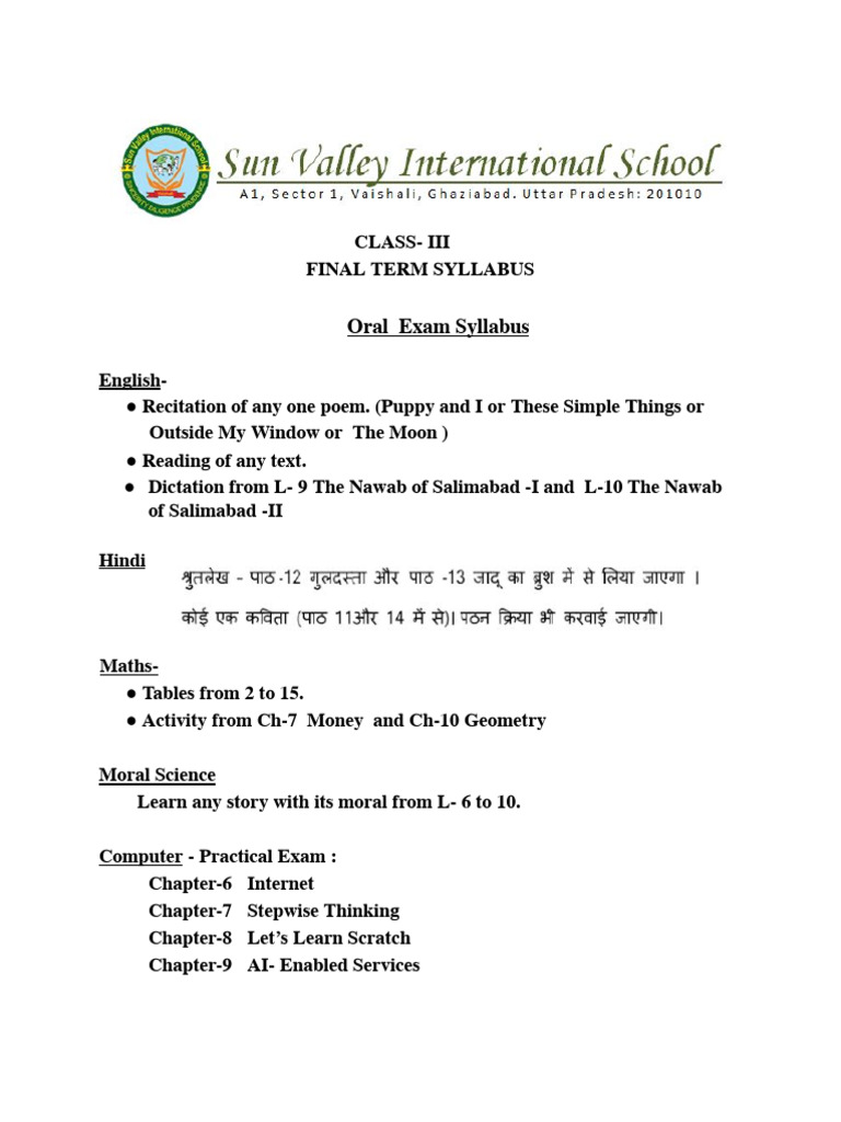 Class-III FINAL TERM SYLLABUS | PDF