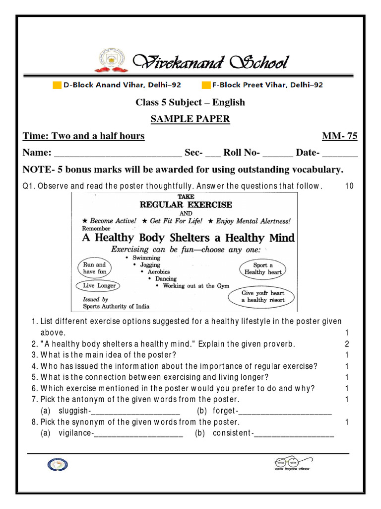 Class_5_Sample_Paper_English_20240128225454152 | PDF | Human Communication | Syntax