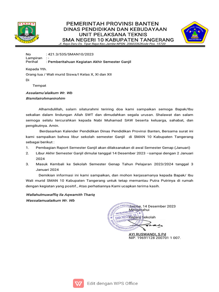 Surat Edaran Libur KBM Semester Ganjil 2023 | PDF