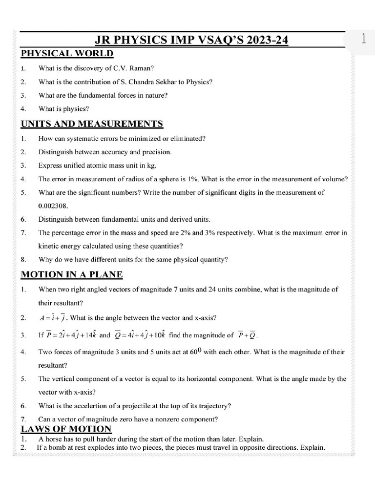 PHY Important Vsaqs Class 11 | PDF